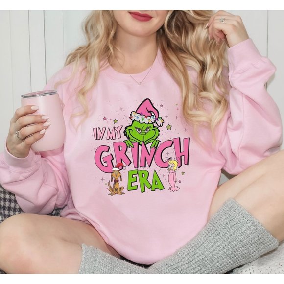 Gildan Tops Womens In My Grinch Era Pink Christmas Crewneck